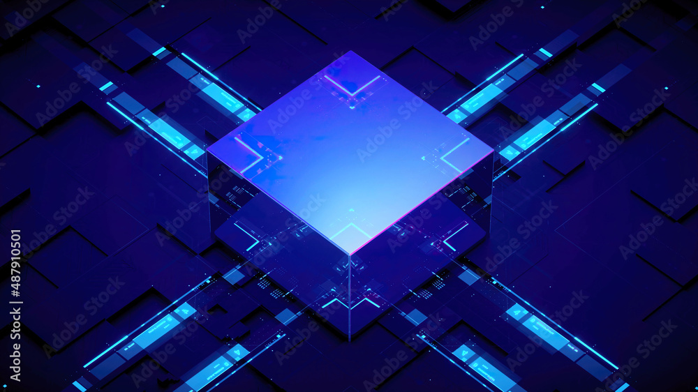 3D rendering of cyberpunk AI. Circuit board. Technology background ...