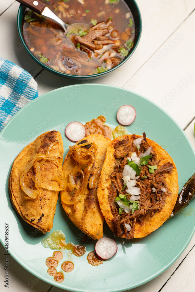 Beef birria tacos with sauce. Mexican food Stock-Foto | Adobe Stock