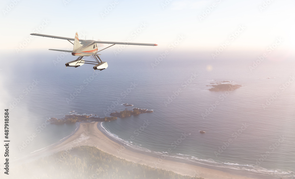 Seaplane Flying over the West Coast Pacific Ocean at sunset. Adventure ...