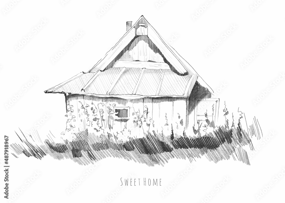 Hand drawn old cottage wooden facade illustration. Graphic pencil ...