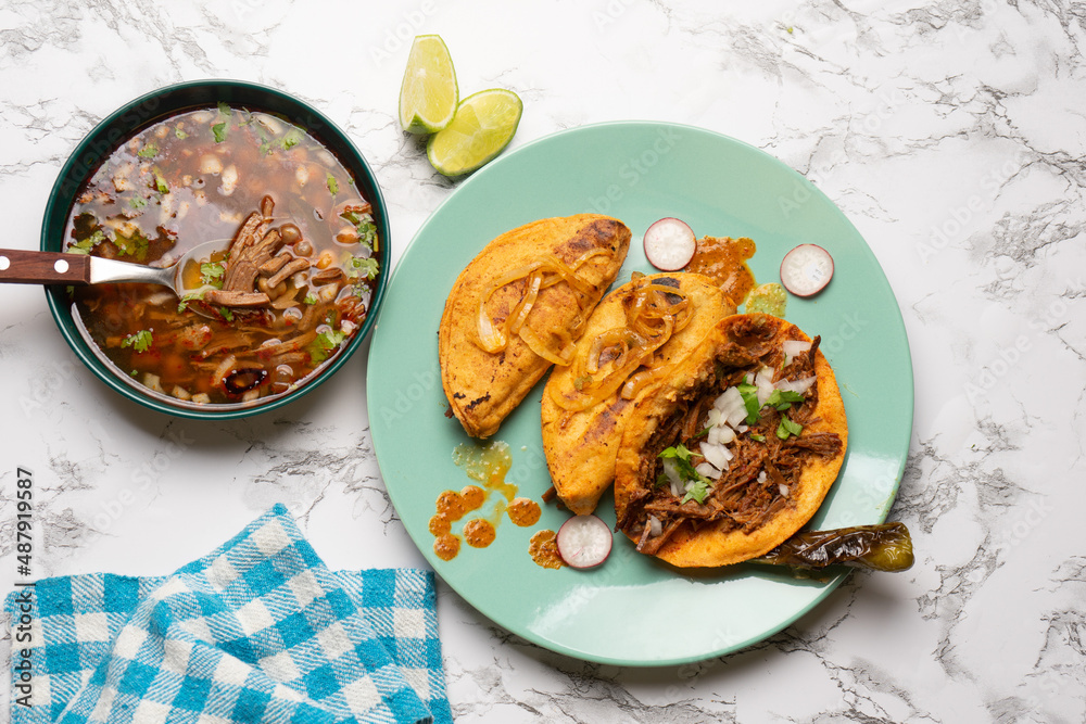 Photo & Art Print Beef birria tacos with sauce. Mexican food, Guajillo ...