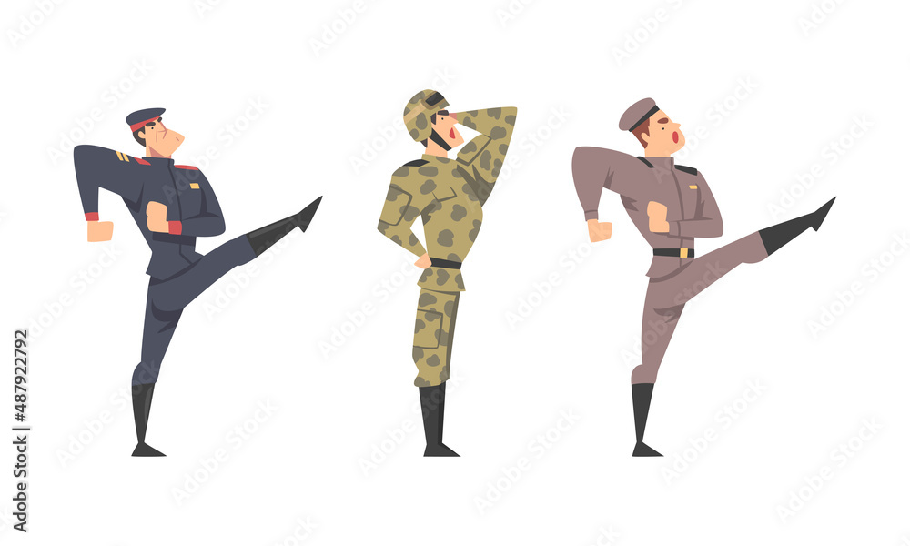 Army soldiers in combat uniform saluting and marching cartoon vector ...