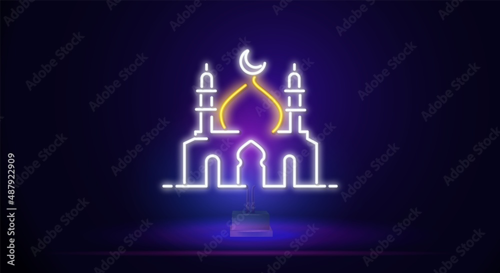 Neon bright signboard of Muslim mosque,Arab church . Vector ...