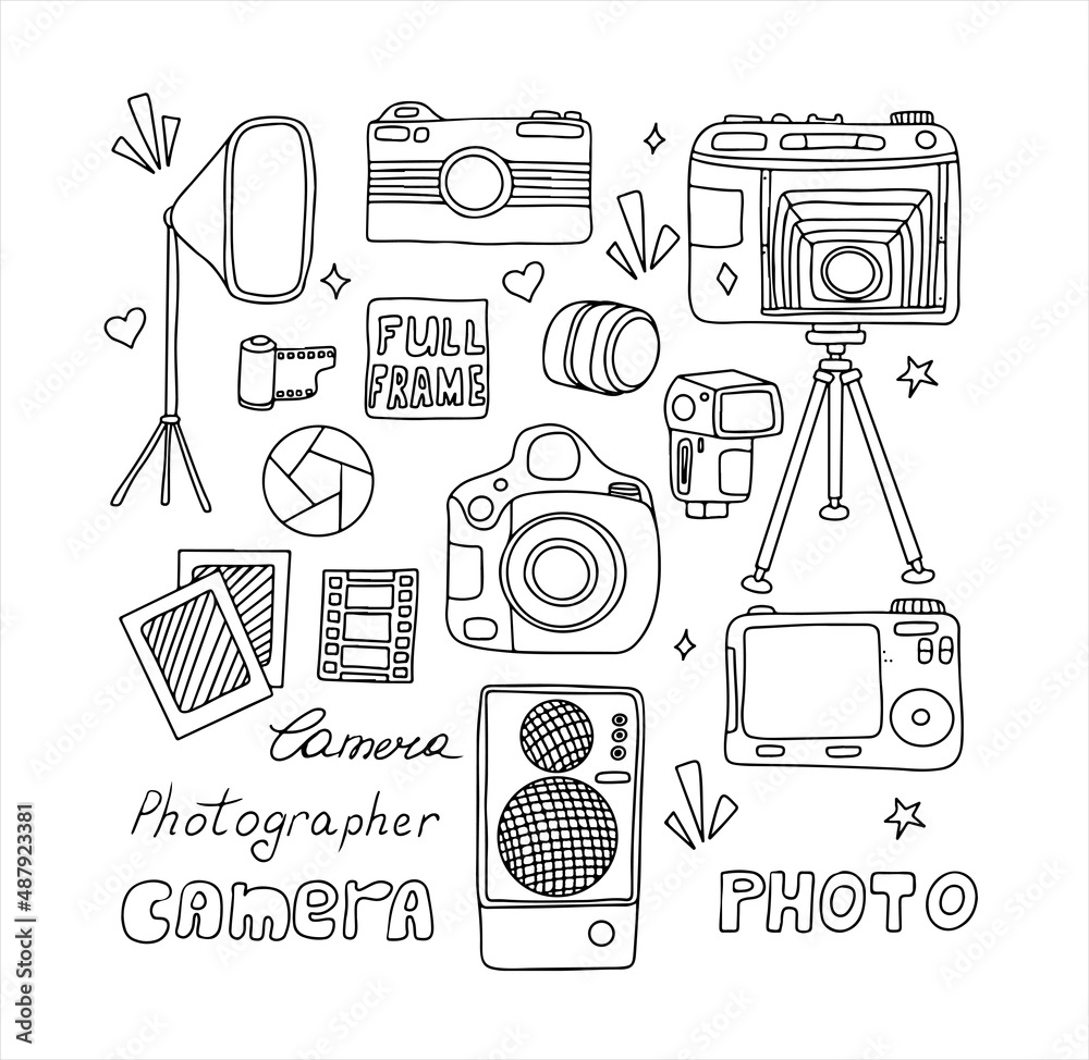 Vector photo cameras sketch set. Hand drawn style. Different types of ...