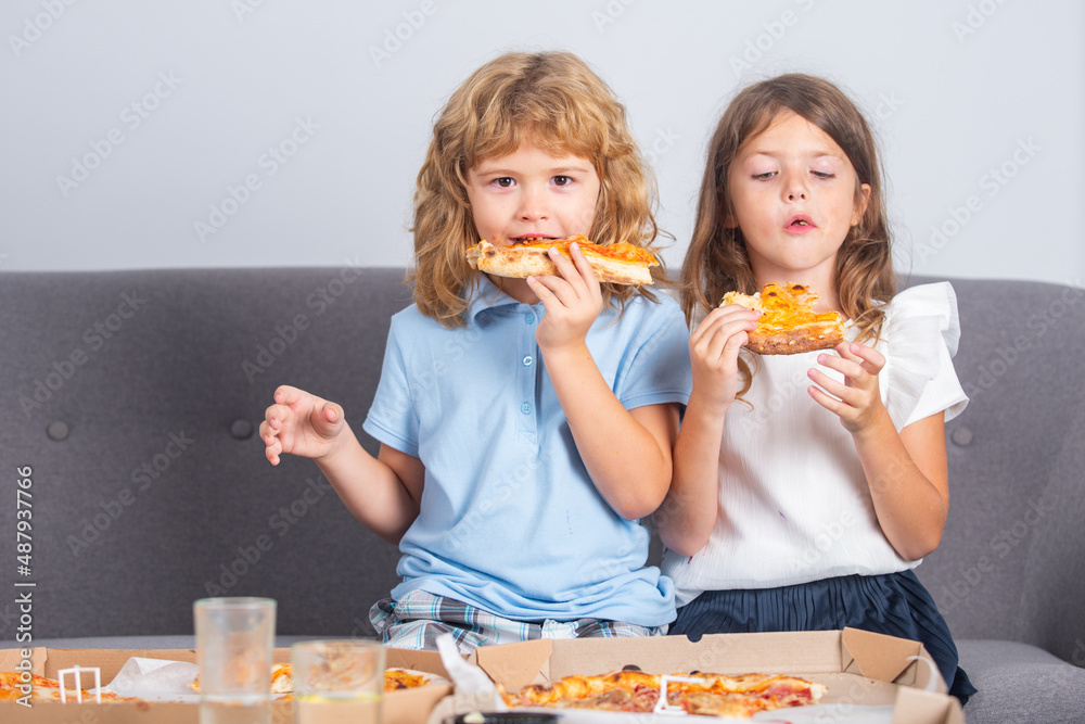 Children eating pizza. Little girl and boy eat pizza. Kids lunch. Stock ...