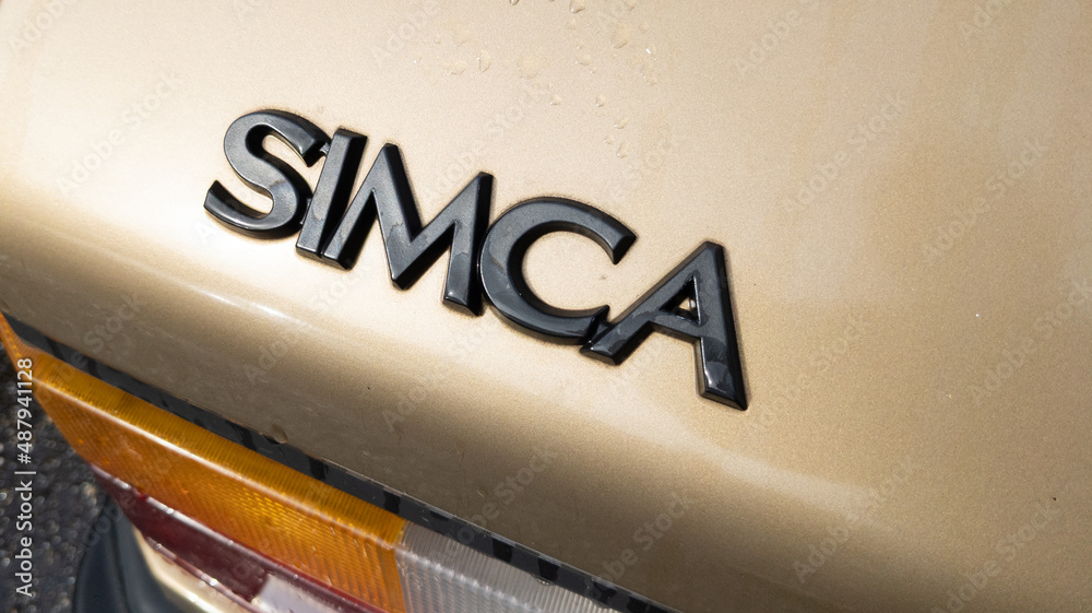 Simca logo text and brand sign of 1100 car old timer vintage in France ...