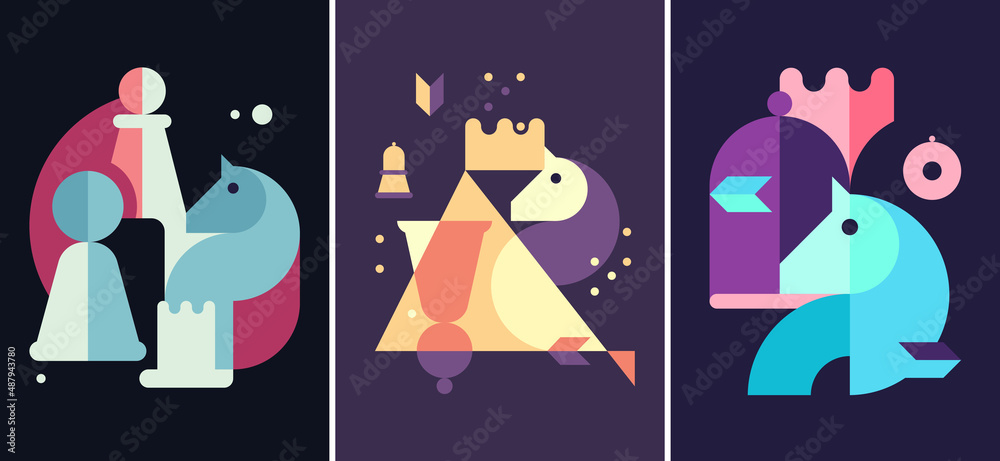 Posters with chess pieces and geometric shapes. Set of placard designs ...