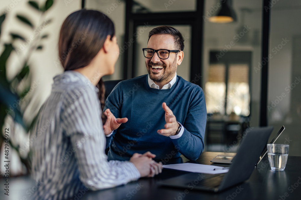 Excited caucasian man, giving ideas for the company project to his ...