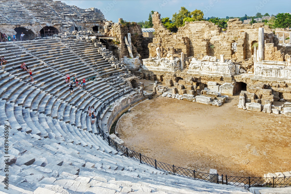 Well-preserved ancient theater in Side, ruined ancient city (Turkey ...