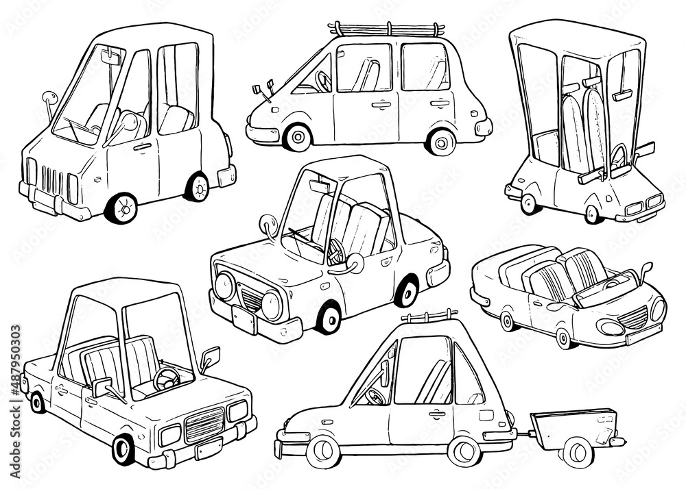 Cartoon cars collection. Comic transportation set. Isolated objects on ...