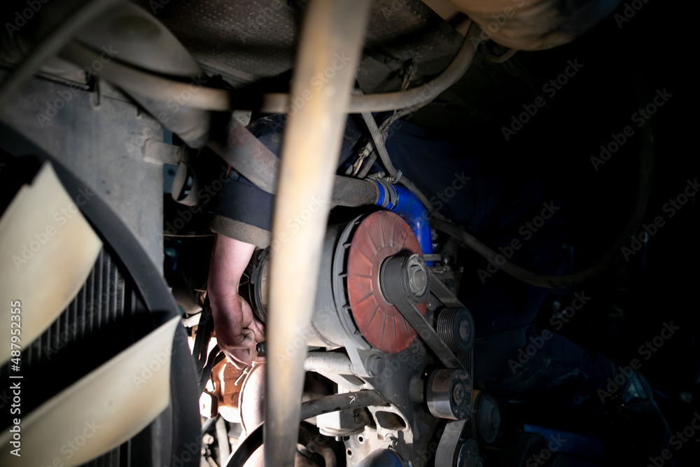 Close up view on new bus engine components, parts and elements. Motor ...