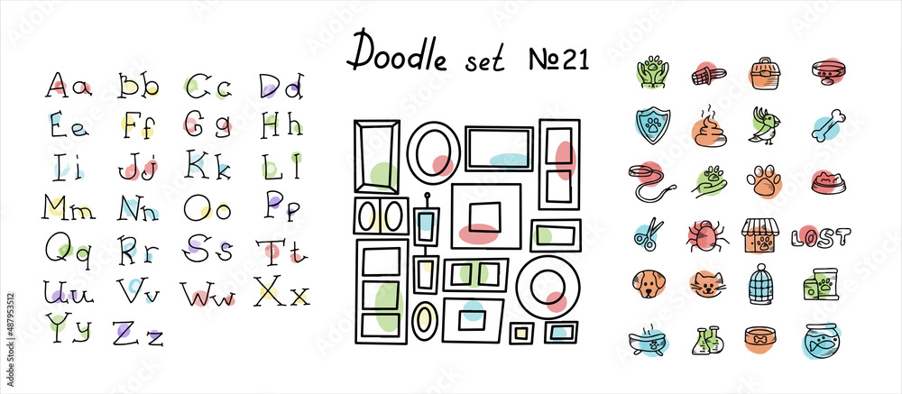 Doodle vector pet, lettering, frames sets. Icons for the pet nursery ...