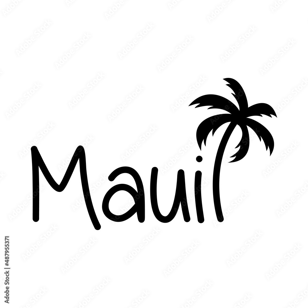 Maui Beach. Destino de vacaciones. Banner con texto Maui con silueta de ...