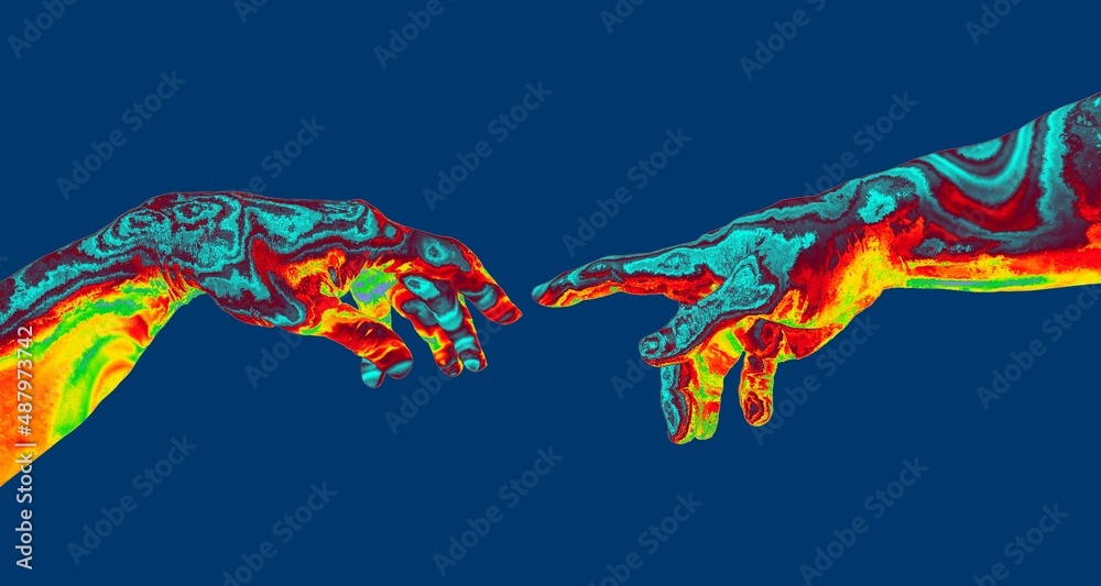 Reaching hands in pink and blue vaporwave and synthwave style concept ...