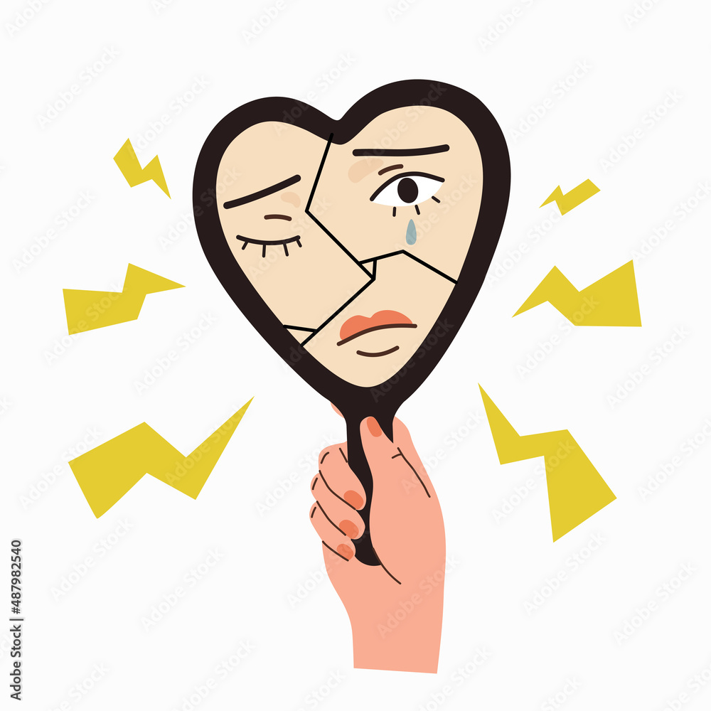 Unhappy woman looking in the mirror and crying. Concept of ...