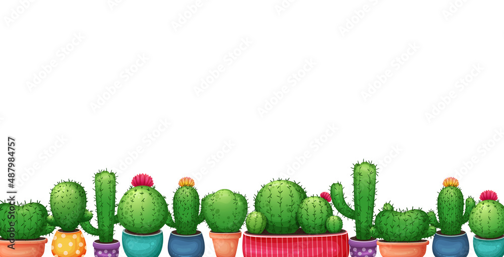 Сactus background. Cartoon cactus with flowers banner. Cute exotic ...