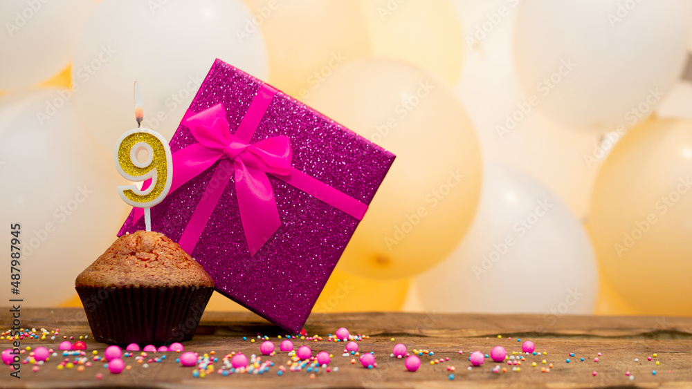 Happy birthday with pink gift box for 9 year old girl. Beautiful ...
