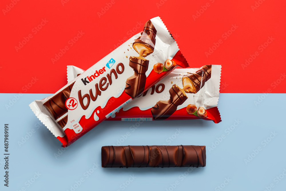 Closeup of packages of Kinder bueno and Kinder Bueno milk chocolate bar ...