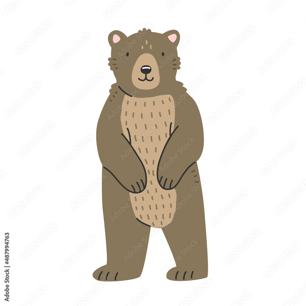A cute brown bear in cartoon style stands on its hind legs. Vector ...