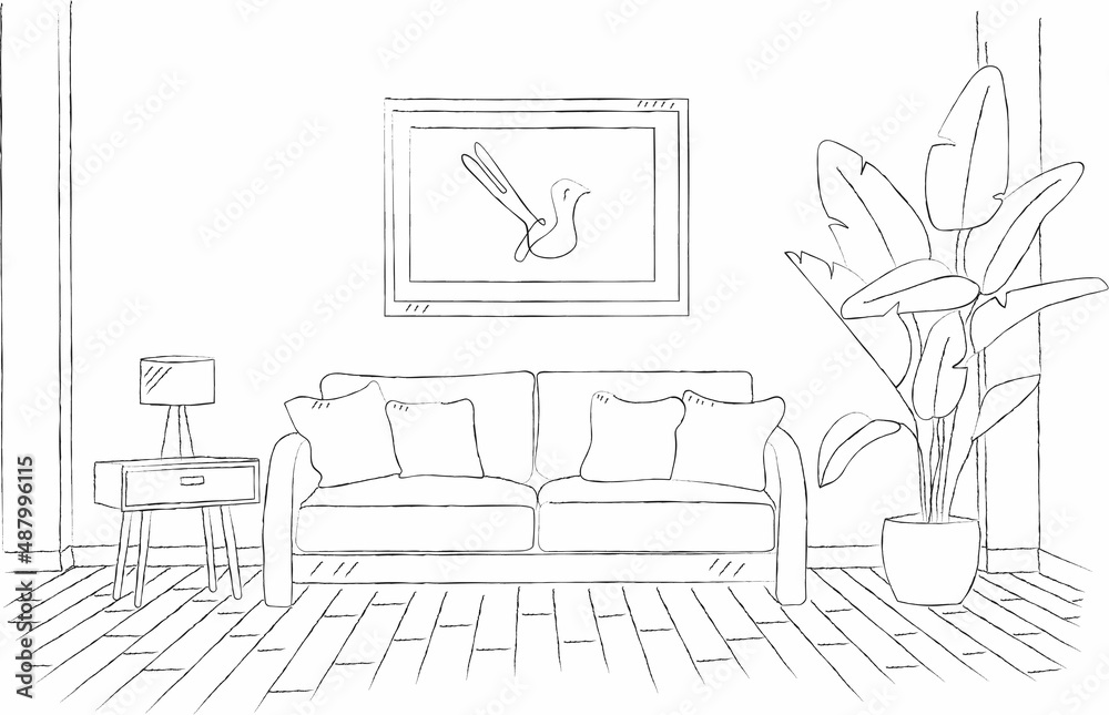 Sketchy illustration of living room interior.Vector hand drawing Stock ...