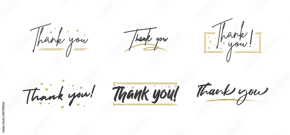 Thank you lettering. Black text word with gold stars. Hand drawn ...