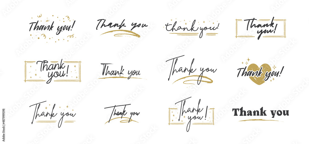 Thank you lettering. Black text word with gold stars. Hand drawn ...