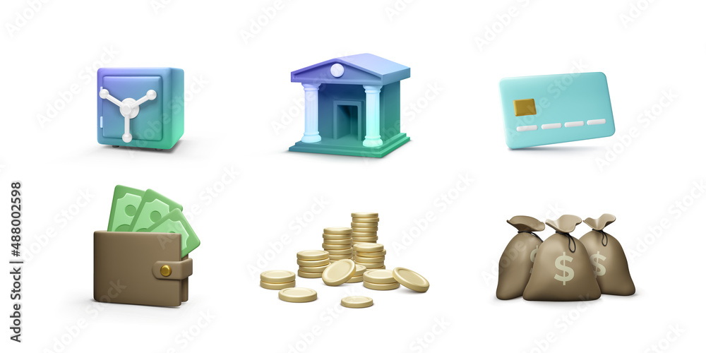 Manage money realistic 3d icons. Bank building and bags with money ...