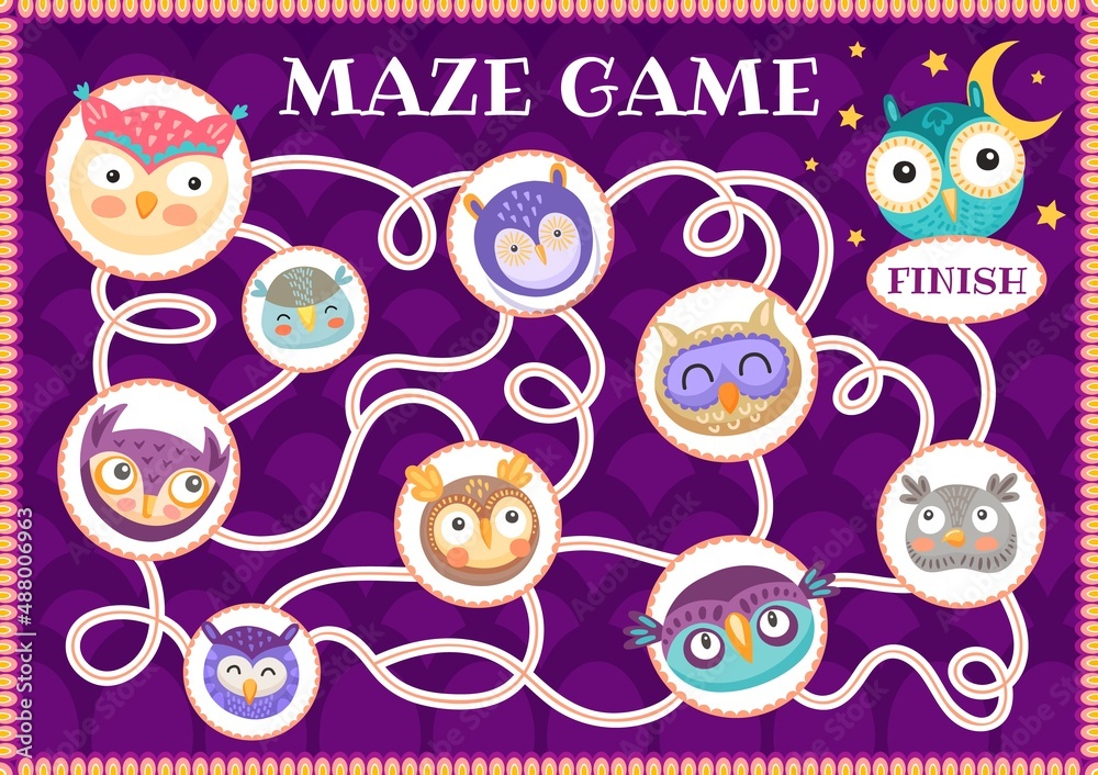 Labyrinth maze with owl birds and owlets kids game. Vector board puzzle ...