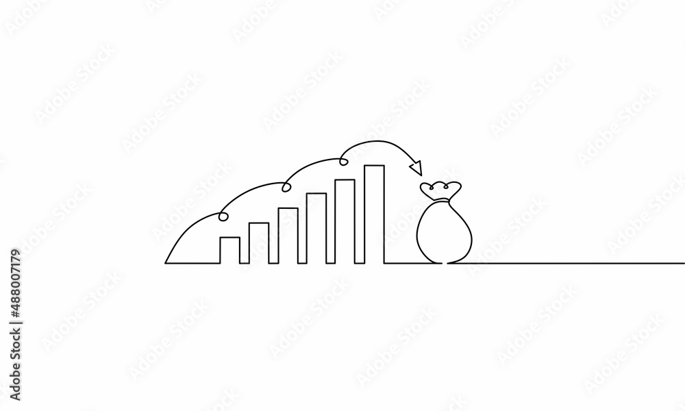 Continuous line drawing of arrow, bar chart and money bag, growth graph ...