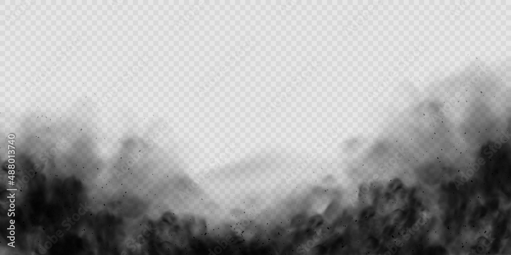 Black smoke clouds, dirty toxic fog or smog. Vector realistic ...