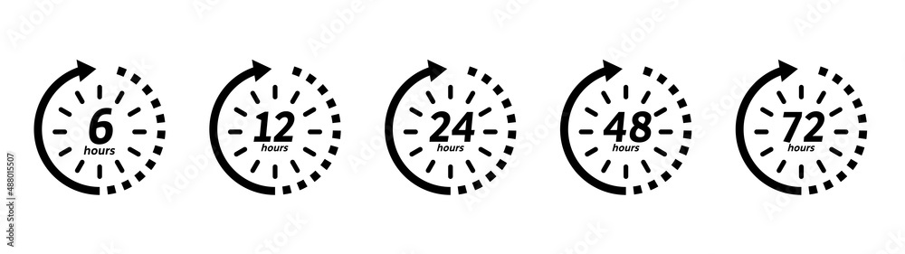 6, 12, 24, 48, 72 hours clock arrow. symbol work time, delivery and ...