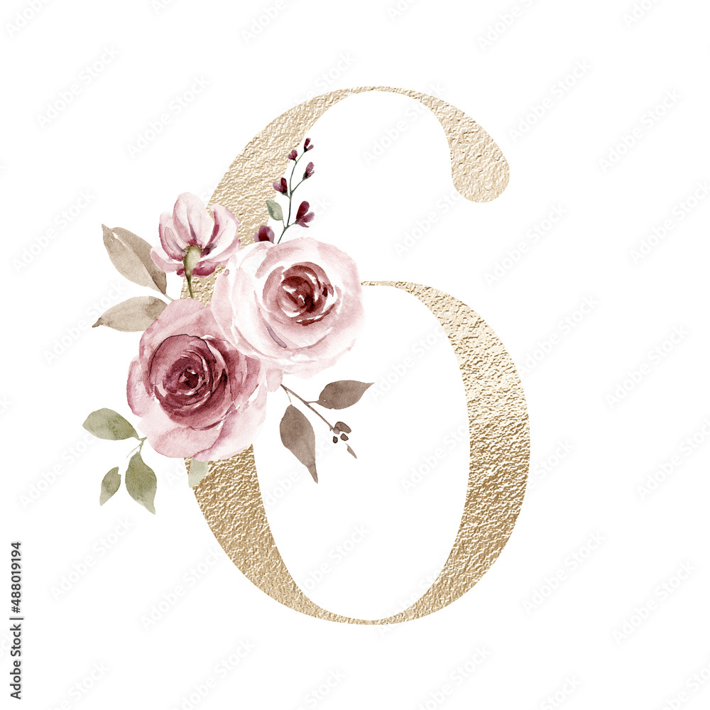 Gold number 6 with watercolor flowers roses and leaf. Perfectly for ...