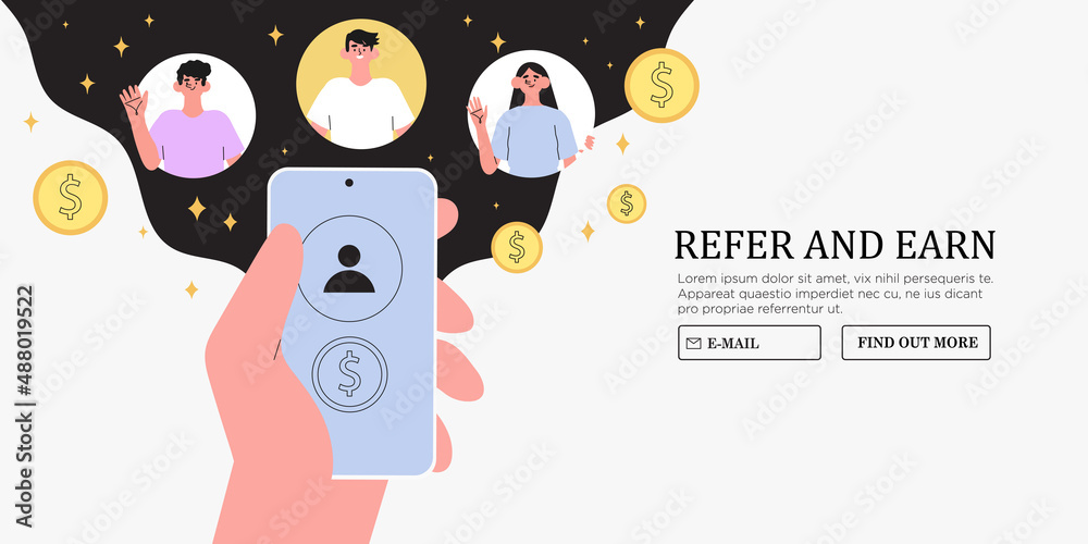 Refer a friend concept. Hands hold phone with contacts of friends ...