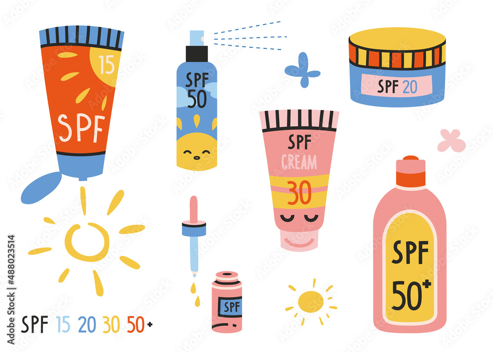 Set with sunscreen products in different packages, SPF in cartoon style ...