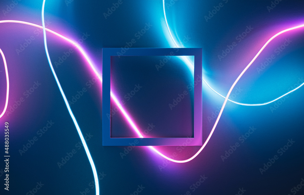 Neon blue and pink led lines with square frame in the middle. Abstract ...