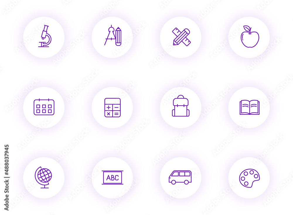 school purple color outline vector icons on light round buttons with ...