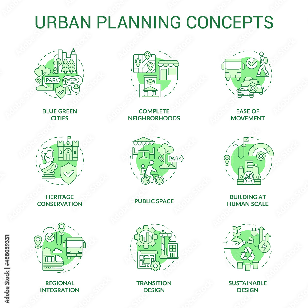 Urban planning green concept icons set. City environment. Town ...