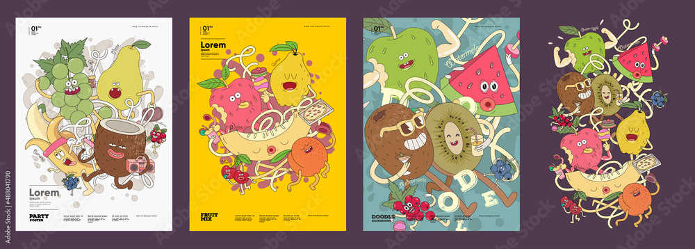 Fruit Mix. Set of vector illustrations. Doodle style. Painted, colorful ...