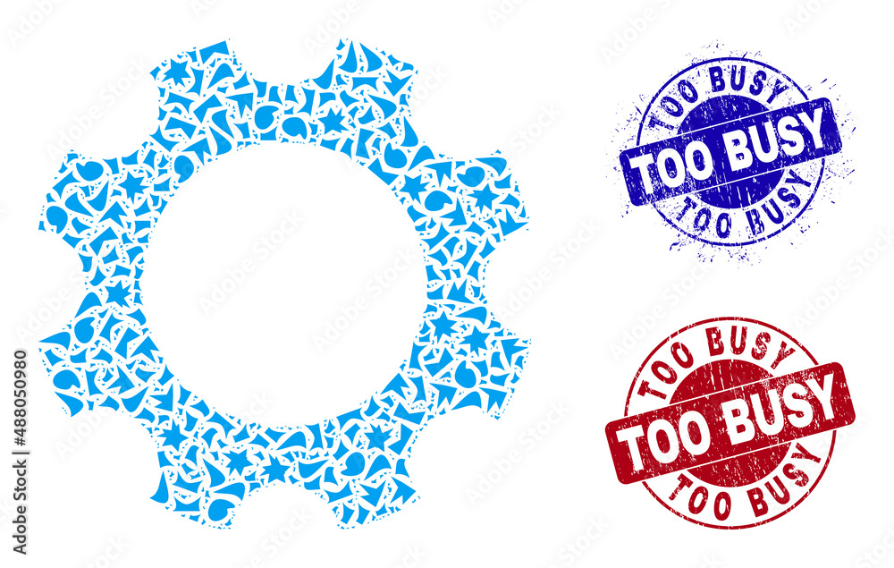 Round TOO BUSY rough seals with tag inside circle shapes, and spall ...