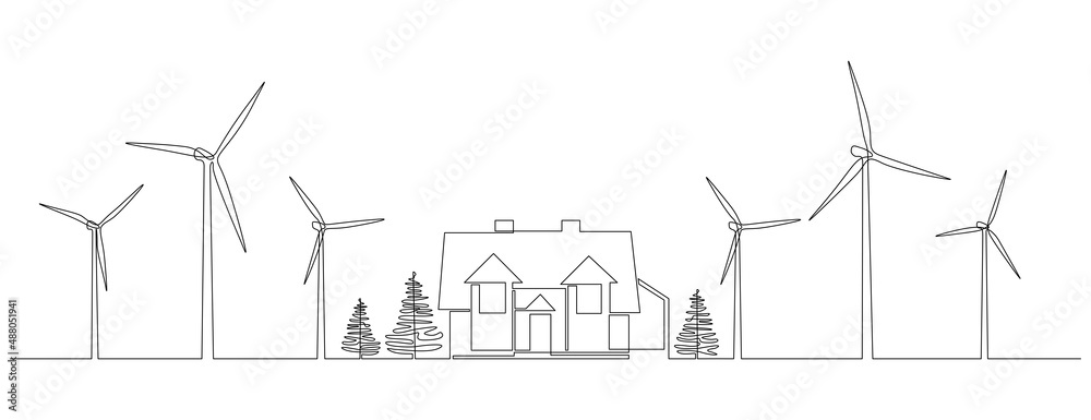 Wind farm turbines and windmill with family house in One continuous ...