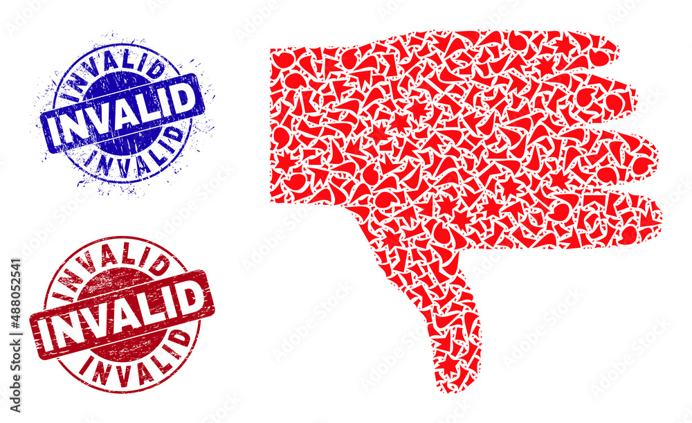 Round INVALID corroded stamps with caption inside round forms, and ...