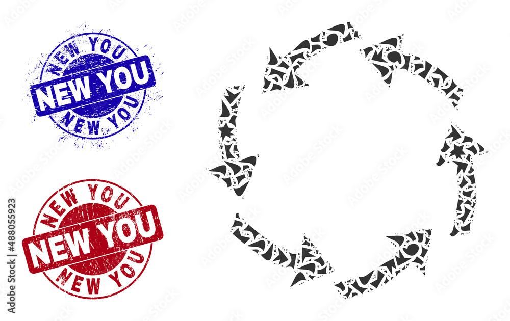 Round NEW YOU textured stamp imitations with tag inside round shapes ...