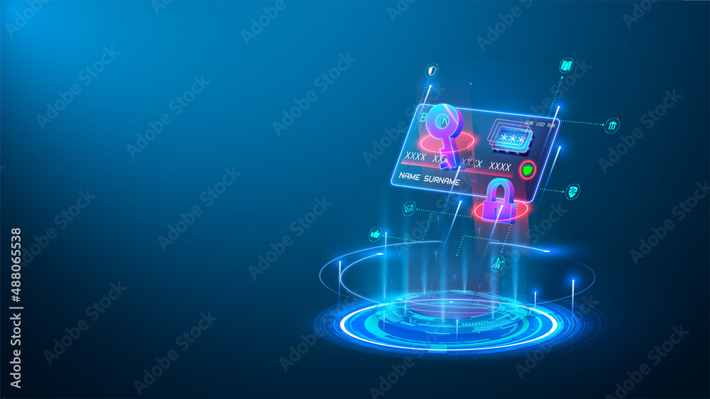 Futuristic glowing credit card, on a blue background, hologram. Online ...