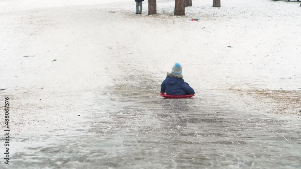happy family sister girl kid pulling sled sledding slide laughing ...