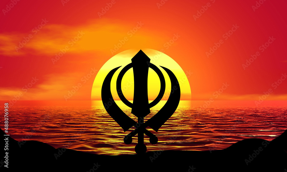Khanda, Sikhism Symbol Silhouette Sunset Beach Sunrise landscape ...