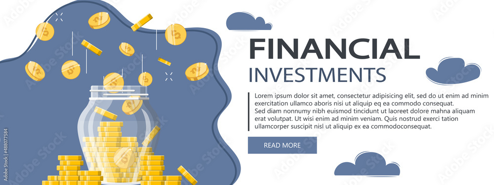 Growth, income, savings, investment. Glass money jar with gold coins ...