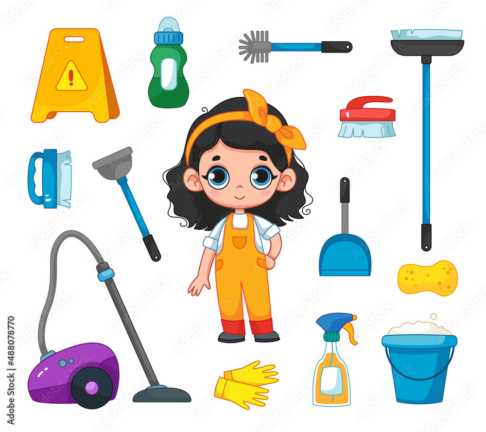 Gabor profession cleaner. Cute character girl and cleaning and washing ...