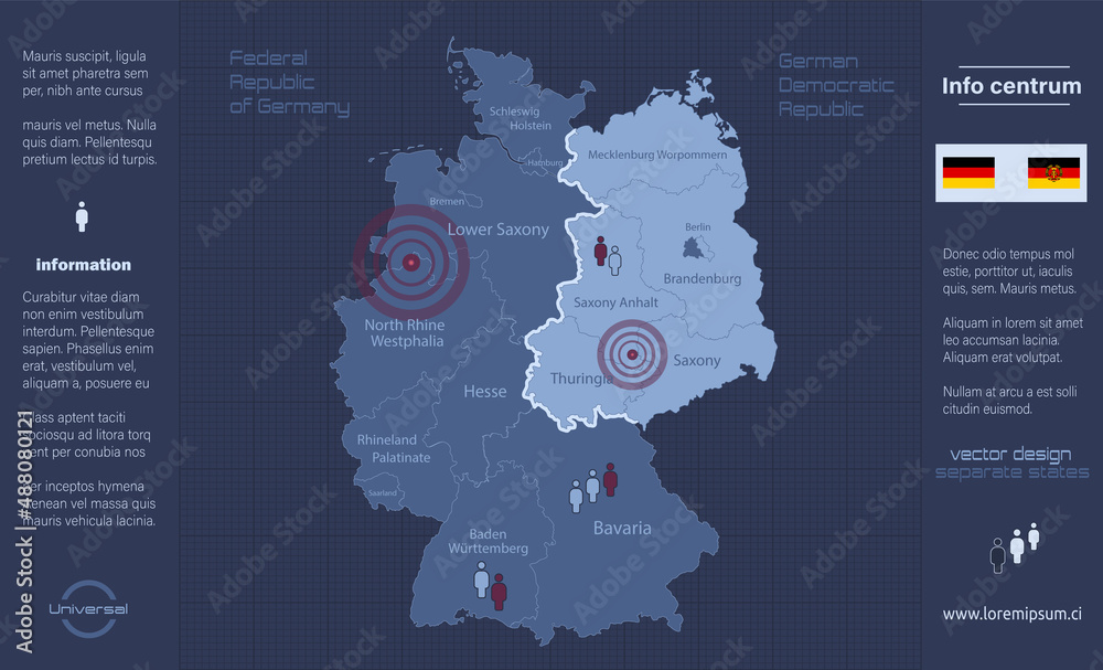 Germany map divided on West and East Germany with regions with names ...