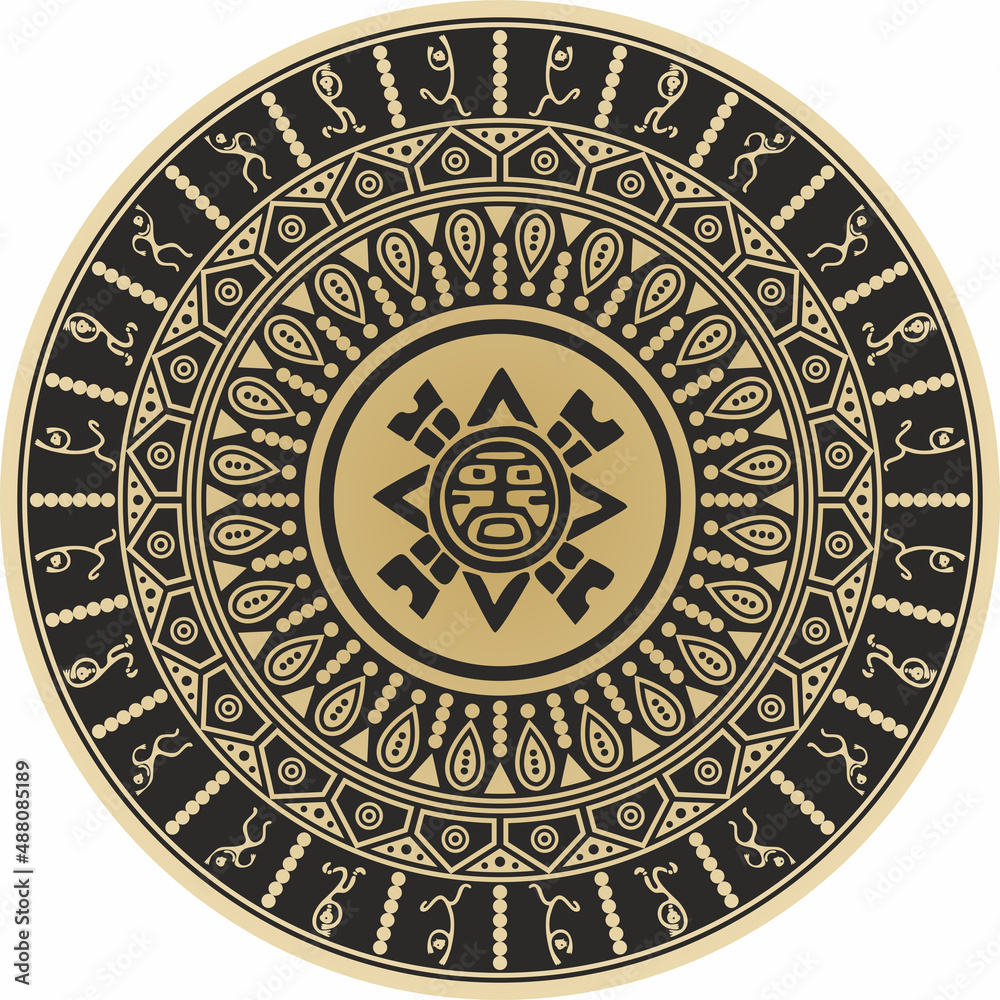 Vector round gold indian ornament. Totem in the circle of Native ...