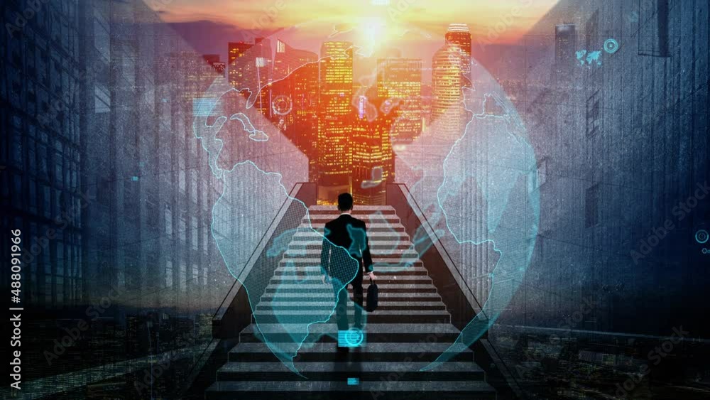 Ambitious business man climbing stairs to meet incoming challenge and ...